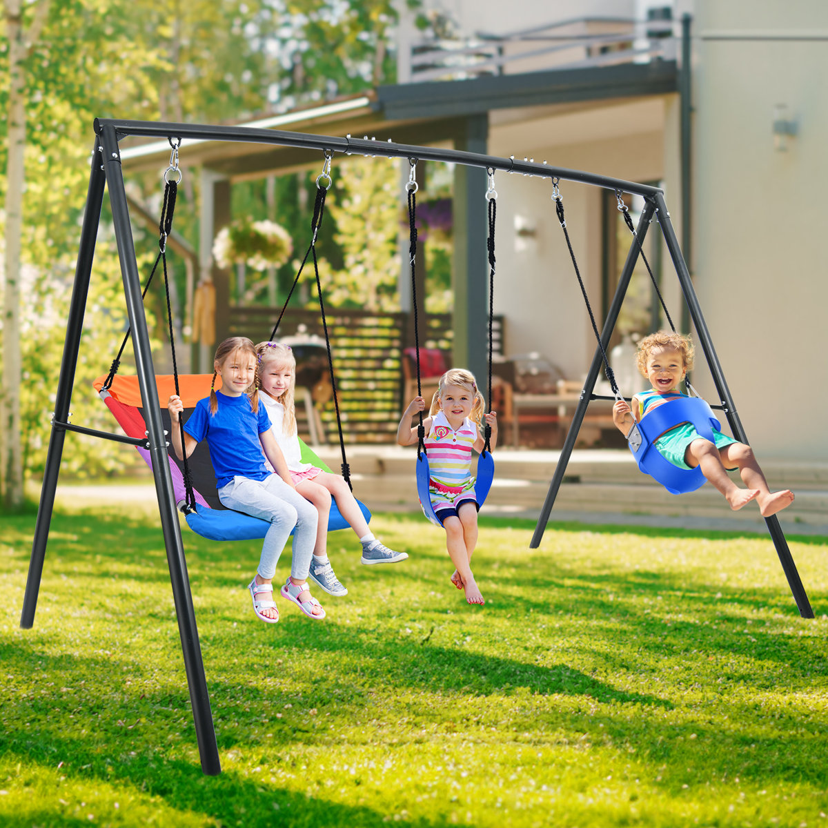 Klo Kick Metal Swing Set with 3 Swings for Kids Backyard Outdoor & Reviews | Wayfair